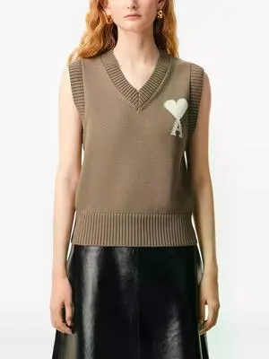 AMI Paris Wool-cotton Blend V-neck Vest With De Coeur Intarsia