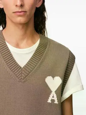 AMI Paris Wool-cotton Blend V-neck Vest With De Coeur Intarsia