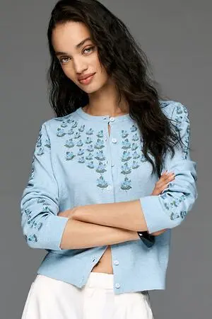 Anthropologie Juliet Embroidered Cardigan Sweater - Blue Pattern