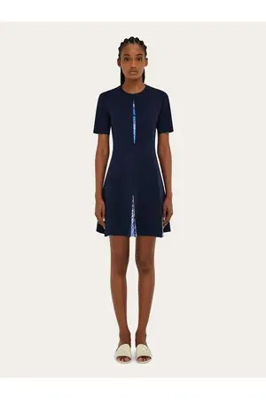FERRAGAMO Knit Dress With Printed Silk Inserts - Navy