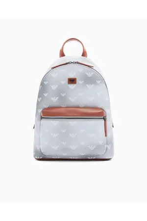 Emporio Armani Backpack In Coated Canvas With All-over Eagle - Grey