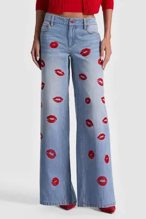 Alice + Olivia Printed Low Rise Wide Leg Jeans