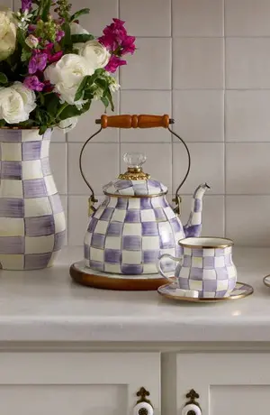 MACKENZIE-CHILDS Check Enameled Steel 2-quart Tea Kettle - Violet