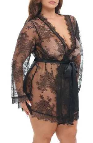 OH LA LA CHERI Amoré Lace Satin Bow Robe - Black