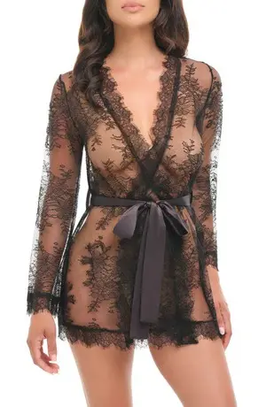 OH LA LA CHERI Amoré Lace Satin Bow Robe - Black