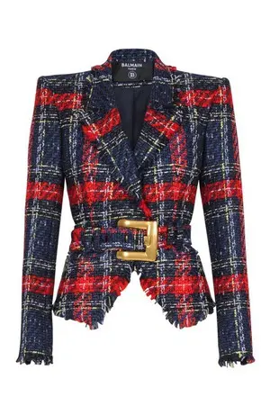 Balmain Belted Plaid Tweed Jacket