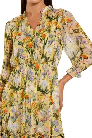 Mac Duggal Floral V-neck Tiered Midi Dress With 3/4 Sleeves