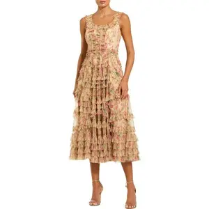 Mac Duggal Floral Printed Sleeveless Ruffle Midi Dress - Beige Multi