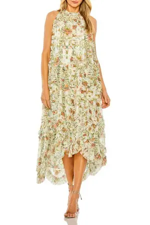 Mac Duggal Sleeveless High Neck Ruffle Floral Dress - Ivory Multi