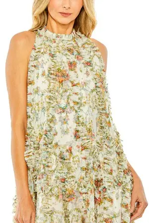 Mac Duggal Sleeveless High Neck Ruffle Floral Dress