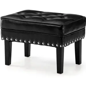 GLITZHOME Mid-century Modern Faux Leather Button-tufted Accent Stool - Black