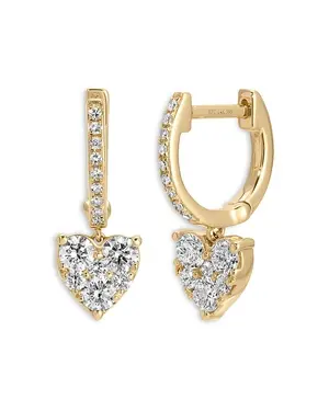 Ef Collection 14k Yellow Diamond Heart Cluster Dangle Hoop Earrings - Gold