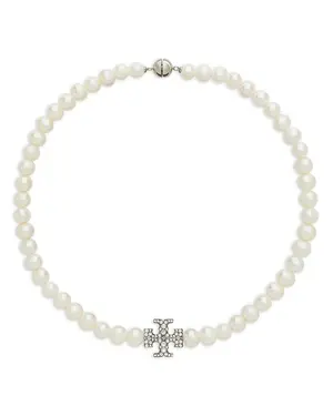Tory Burch Kira Pave Double T & Cultured Freshwater Pearl Collar Necklace - White/silver