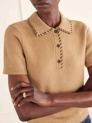 FRAME Whipstitched Wool And Cashmere-blend Polo Shirt - Brown