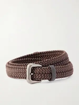 Brunello Cucinelli Bead-embellished Leather-trimmed Woven Belt - Brown