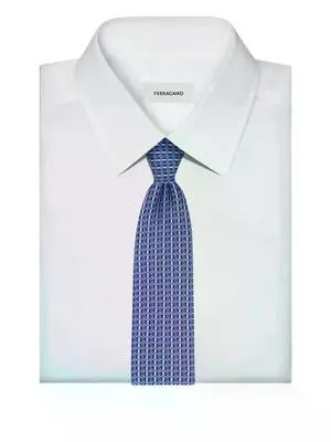 FERRAGAMO Gancini Chain Print Silk Neck Tie - Blue