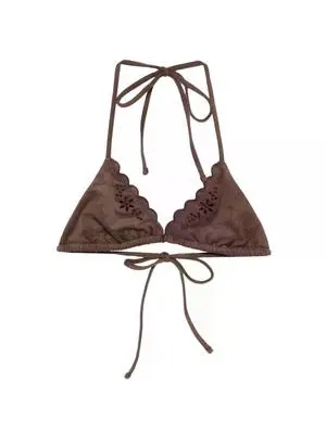 Frankies Bikinis Floral Appliqué Scalloped Bikini Top - Brown