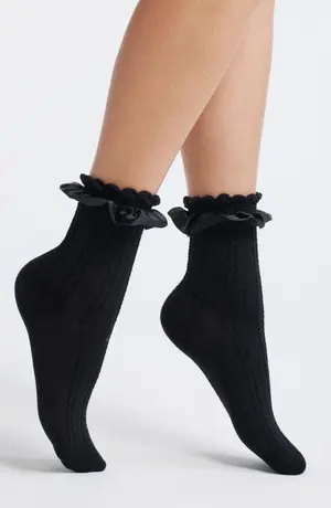 CASA CLARA Chelsea Ruffle Cotton Blend Pointelle Crew Socks - Black