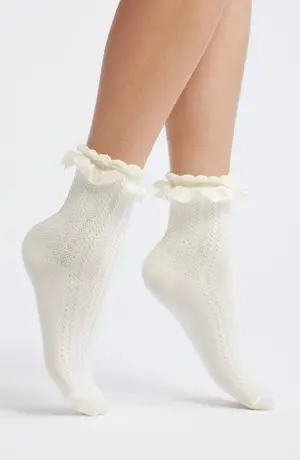 CASA CLARA Chelsea Ruffle Cotton Blend Pointelle Crew Socks - Ivory