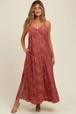 PINKBLUSH Paisley Print Sleeveless V-neck Maxi Dress With Side Slit - Rust