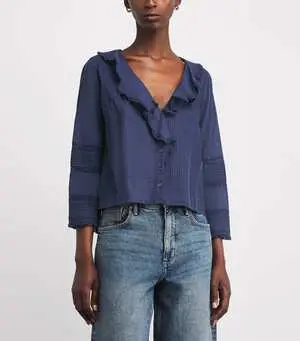 DÔEN Organic Cotton Lace-trim Huguette Blouse - Navy
