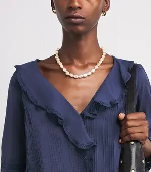 DÔEN Organic Cotton Lace-trim Huguette Blouse - Navy