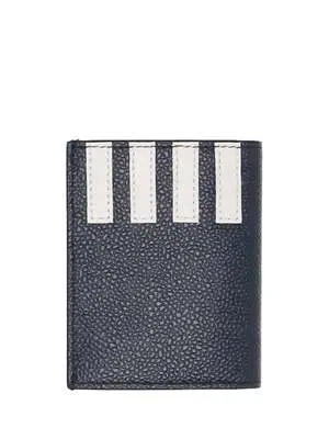 Thom Browne Double Card Holder W/ Side 4 Bar Stripes In Pebble Grain Leather - Navy