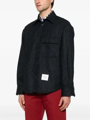 Thom Browne Oversized Pc Shirt W/ Double Needle In Solid Donegal Tweed - Navy