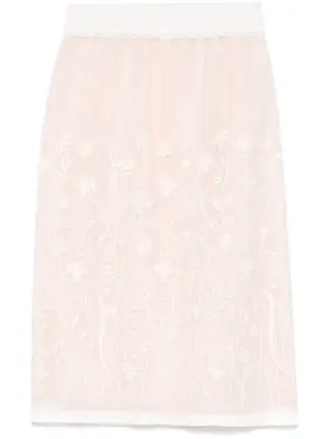 PAROSH Sorgente Floral Embroidered Midi Skirt - Panna