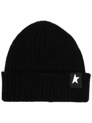 GOLDEN GOOSE Star Patch Ribbed Knit Beanie - Black