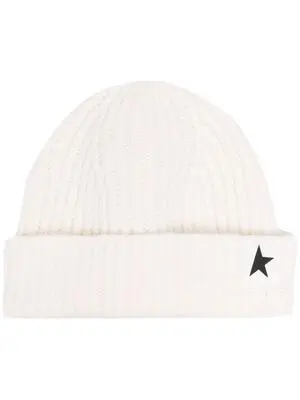 GOLDEN GOOSE Ribbed Knit Beanie With Star Applique - Offwhite