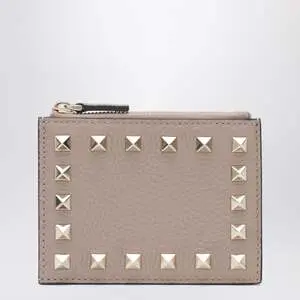 Valentino Garavani Rockstud Blush Leather Zip Card Holder - Pink