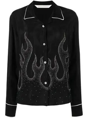 Palm Angels Flame Embroidered Shirt - Black/silver