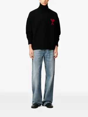 Ami Heart Motif Funnel Neck Knit Pullover