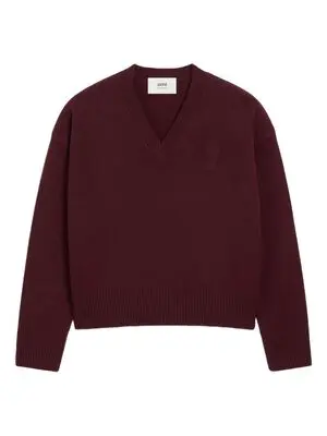 AMI Paris V-neck Pullover With Heart Embroidery - Cerise