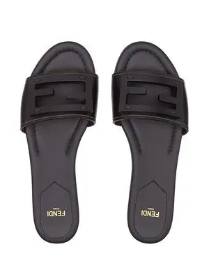 Fendi Baguette Leather Slides - Black