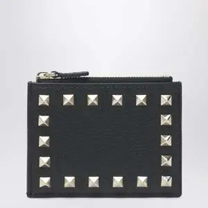 Valentino Garavani Leather Rockstud Zip Card Holder - Black
