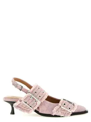 GANNI Buckled Denim Slingbacks With Fringe - Pink