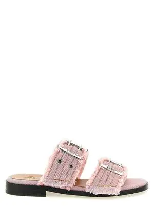 GANNI Feminine Buckle Fringed Denim Sandals - Pink