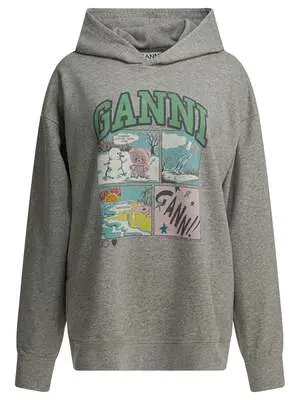 GANNI Cotton Hoodie With Bear Graphic