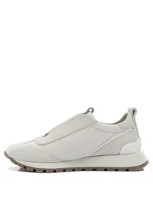 Brunello Cucinelli Canvas And Suede Low-top Sneakers With Embellished Detail - Silver