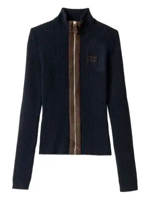 Miu Miu Ribbed Knit Top With Leather Trim - Bleu