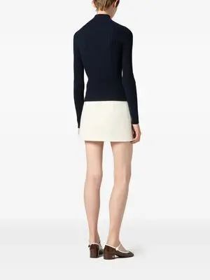 Miu Miu Ribbed Knit Top With Leather Trim - Bleu