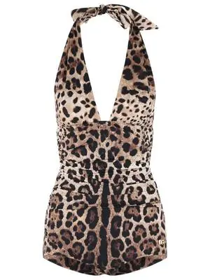Dolce & Gabbana Leopard Print Stretch Nylon Swimsuit - Brown