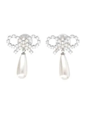 SELF-PORTRAIT Crystal Bow Pearl Earrings - Silver