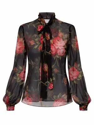 Dolce & Gabbana Rose Bouquet Print Silk Top - Black