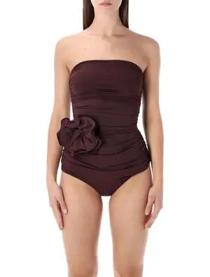 Magda Butrym Strapless Swimsuit With Floral Appliqu - Purple
