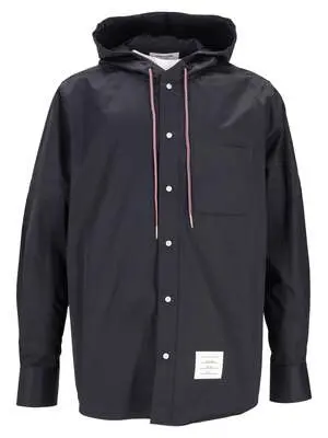 Thom Browne Hooded Straight Fit Long Sleeve Shirt With Rwb Cuff Detail - Navy