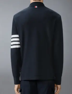 Thom Browne Long Sleeve Polo In Textured Pique W/ Eng Bar - Navy