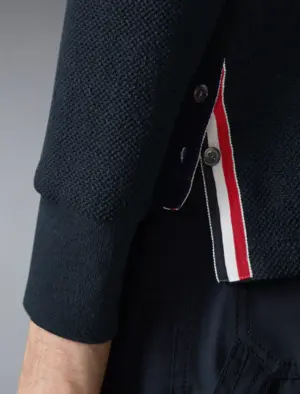 Thom Browne Long Sleeve Polo In Textured Pique W/ Eng Bar - Navy